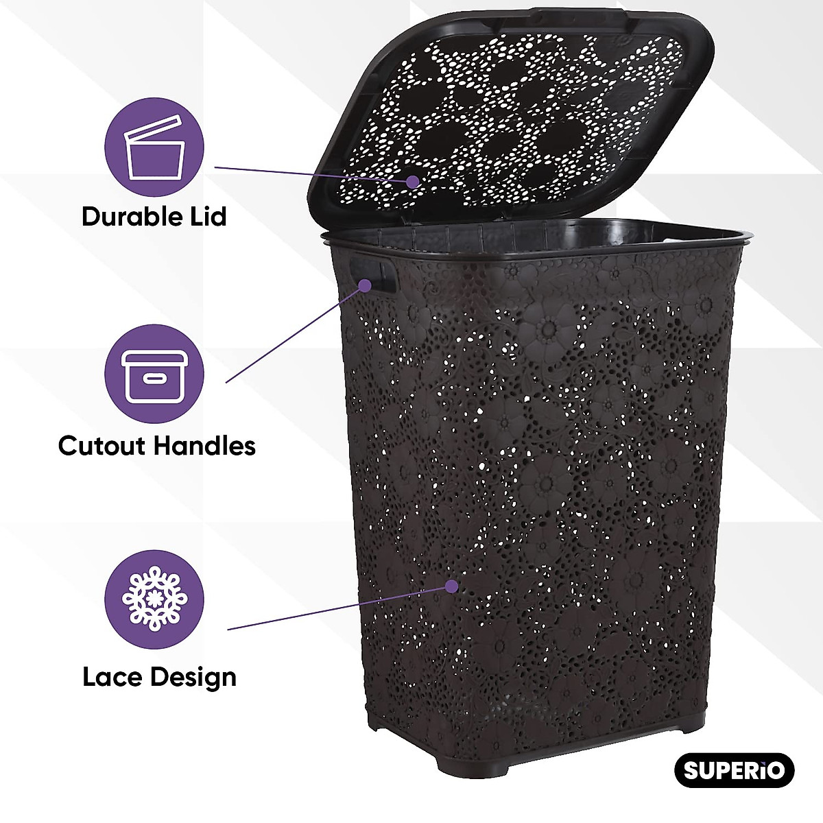 Superio Laundry Hamper with Lid Lace Design 50 Liter - Brown Laundry Hamper Basket with Cutout Handles, Rectangular Shape Modern Style Bin -Dirty Cloths Storage