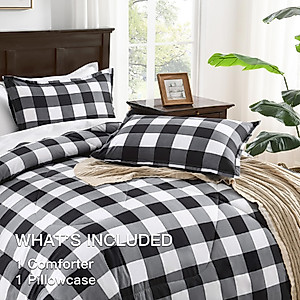 Andency Black Plaid Comforter Set Twin Size (66x90 Inch), 2 Pieces (1 Gingham Comforter and 1 Pillowcase), Summer Lightweight Microfiber Buffalo Check Down Alternative Comforter Set for Kids Boys