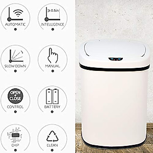 BHP Automatic Garbage can, Touch Free Stainless Steel Trash Can, No Touch Kitchen Waste Bin,High-Capacity Bathroom Trash Can with Lid for Home Bedroom Office, Powered by Battery, White