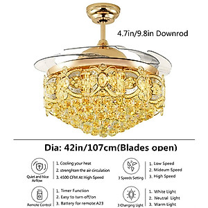 Lighting Groups 42 Inch Invisible Ceiling Fan with 3-Color Changing Light Remote Control Retractable Blades Fandelier for Living Room Dining Room Reversible Ceiling Fan with Indoor Lights (Gold)