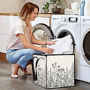 Blueangle Black and White Flowers Cube Storage Bin with Handles, 13 x 13 x 13 in, Large Collapsible Organizer Storage Basket for Home Décor（1137）