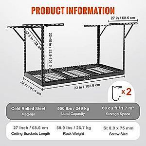 VEVOR Overhead 3x6 Garage Ceiling Storage Racks, Heavy Duty Adjustable Cold Rolled Steel Racks for Garage Storage, Organization, 550 lbs Load Capacity, 22''-40"