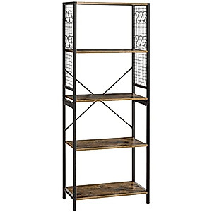 LAVIEVERT Industrial Bookshelf, 5-Tier Vintage Bookcase with Metal Grid and 12 S-Shaped Hooks, Multipurpose Storage Shelf Display Rack for Living Room, Bedroom, Kitchen & Office - Rustic Brown