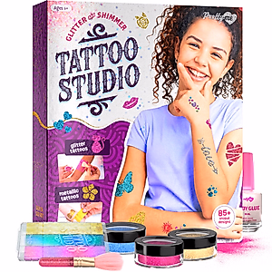 Temporary Shimmery Tattoo Studio Kit for Kids - Glitter & Metallic Fake Tattoos for Girls - Easter Birthday Gift Ideas for Girl - Craft Kits Toys for Ages 6, 7, 8, 9, 10, 11 Year Old - Cool Gifts