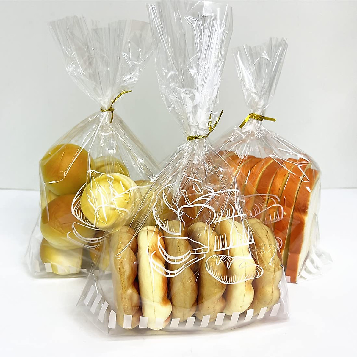 Lesibag 100Pcs 11"x 14" Bottom Gusset Bread Loaf Bags with Ties, Clear Printed Cello Cellophane Bags for Homemade Bread or Bakery