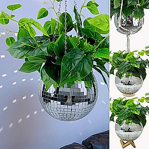 coutinfly Disco Ball Planter 8", Creative Mirror Ball Flower Pot Holder for Hanging Plant with Chain, Macrame Rope, Wooden Stand, Cute Plant Hanger for Indoor Outdoor Window Home Decor, 1 Piece