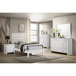 GOWE 1pc Twin Size White Finish Panel Bed Geometric Design Frame Softly Curved Headboard Wooden Youth Bedroom Furniture