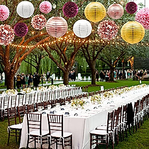 Burgundy Pink Rose Gold Hanging Party Decorations, 15Pcs Tissue Paper Lanterns and Paper Pom Poms Flowers for Graduation Wedding Birthday Bridal Shower
