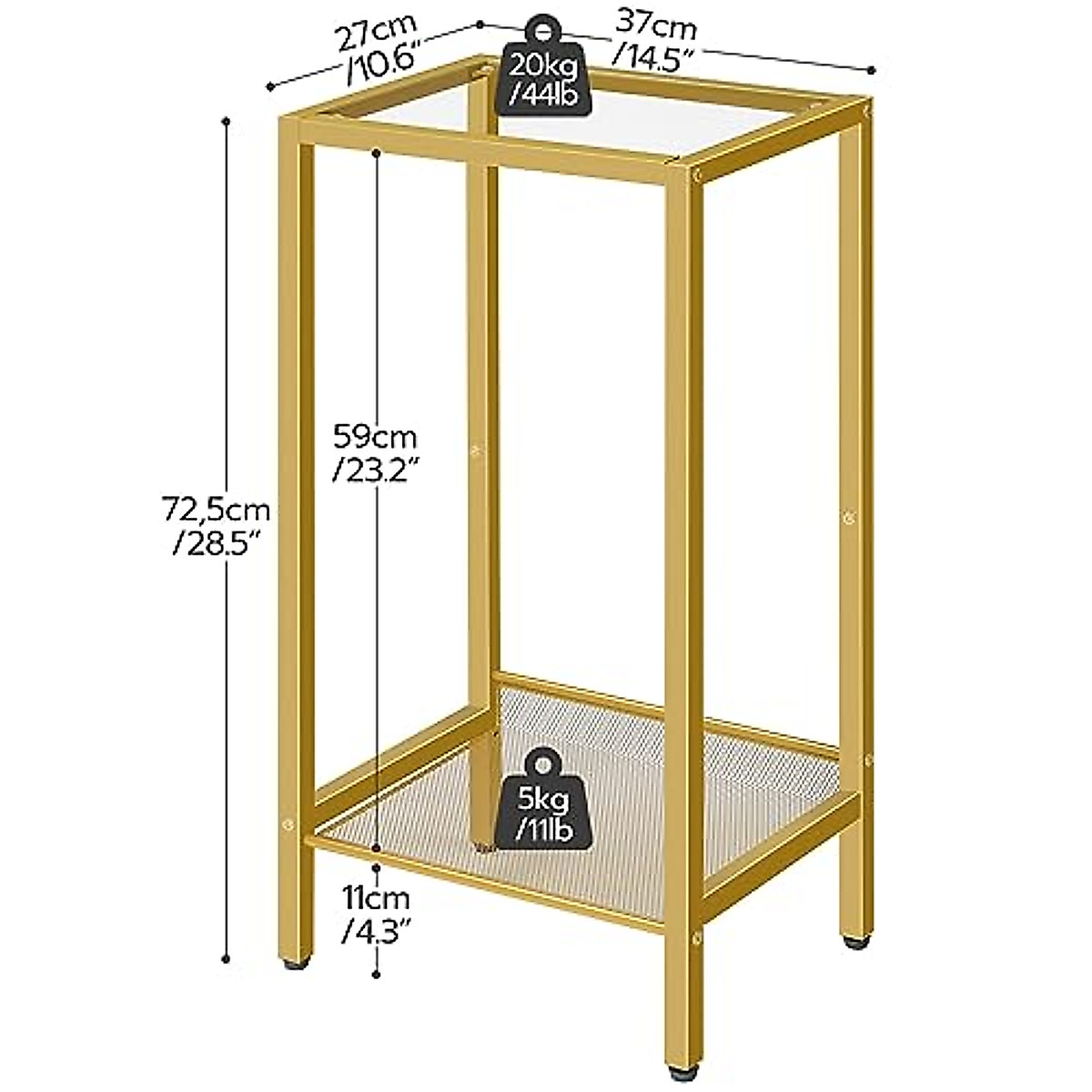 HOOBRO Tall Side Table, Morden Tempered Glass End Telephone Table with Adjustable Mesh Shelves, Small Entryway Table, Laptop Table for Office, Hallway, Living Room, Gold GD03DH01