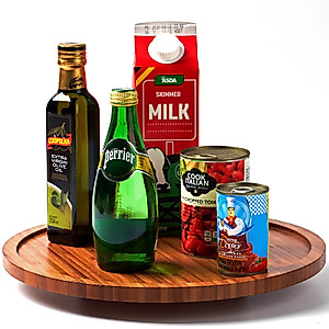 Lazy Susan Turntable Wood 13.5”, with Metal Bearing System & Anti-Slip Silicone Pad, Large Cake Stand, Rotating Spice Rack Cabinet Under Sink Organizer for Pantry Kitchen Bathroom Storage