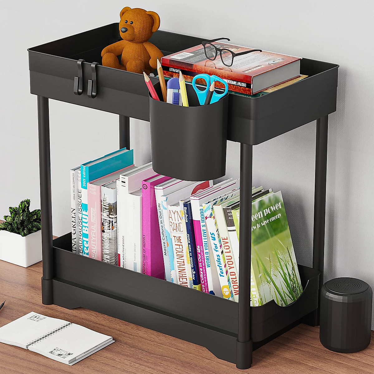 2 Pack Under Sink Organizers and Storage with Sliding Drawer, 2 Tier Under Sink Storage Rack for Bathroom Kitchen, Under Cabinet Counter Storage Shelf Organizer with Hooks & Hanging Cups (Black)