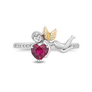 Jewelili Hallmark Fine Jewelry Sterling Silver and 14K Yellow Gold 5 MM Heart Cut Created Ruby and Natural White Round Diamond Accent Flying Cupid Ring, Size 6