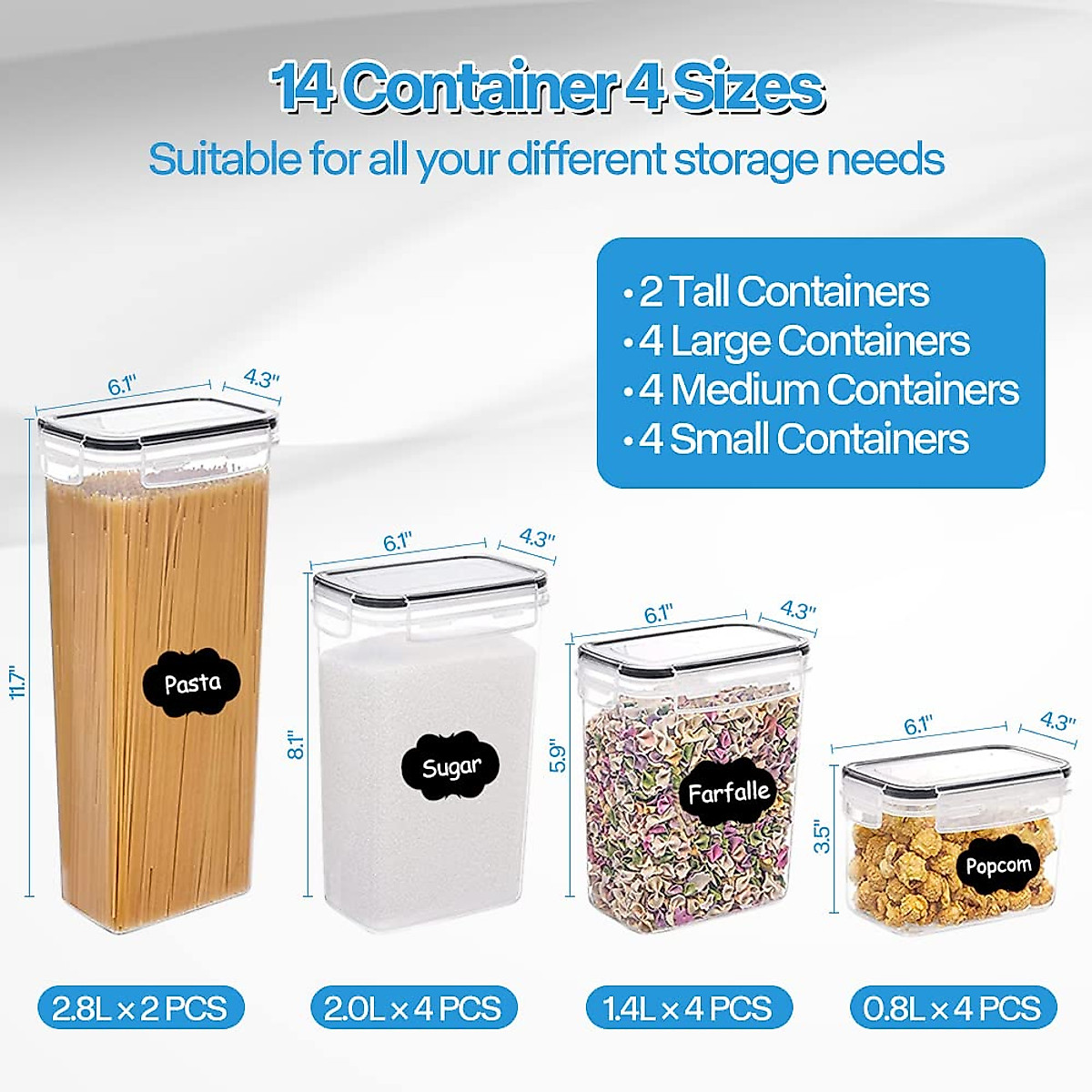 Airtight Food Storage Container Set 14 Pack, Kitchen and Pantry Organization Containers, BPA Free Plastic Cereal Containers with Easy Lock Lids, Kitchen Decor with 24 Labels & Marker