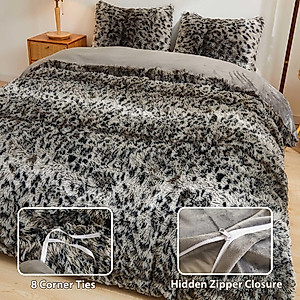 LIFEREVO Cheetah Print Faux Fur Duvet Cover Fluffy Bedding Set, 3 Pieces Soft Plush Fuzzy Comforter Cover Set(1 Shaggy Comforter Cover+2 Furry Pillowcases), Zipper Closure(Queen, Leopard Print Grey)