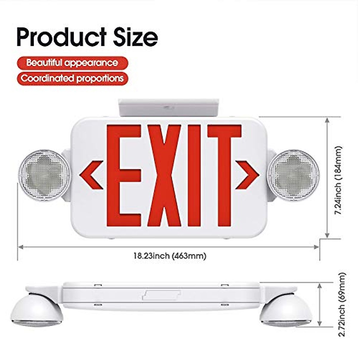 SASELUX Red Led Exit Sign Emergency Light Combo Adjustable Two Head, Double Sided and Battery Backup Exit Light, Contractor Select, AC 120/277V (6 Pack)