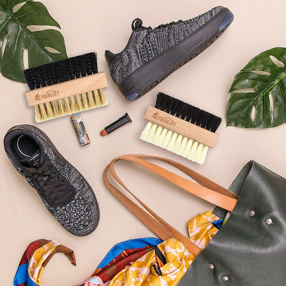 YoungJoy 2 Pieces Dual Sided Sneaker Shoe Cleaner Brush Set Shoes Clean Brush Kit Both Boar and Plastic Bristles with Microfiber Cloth (A)