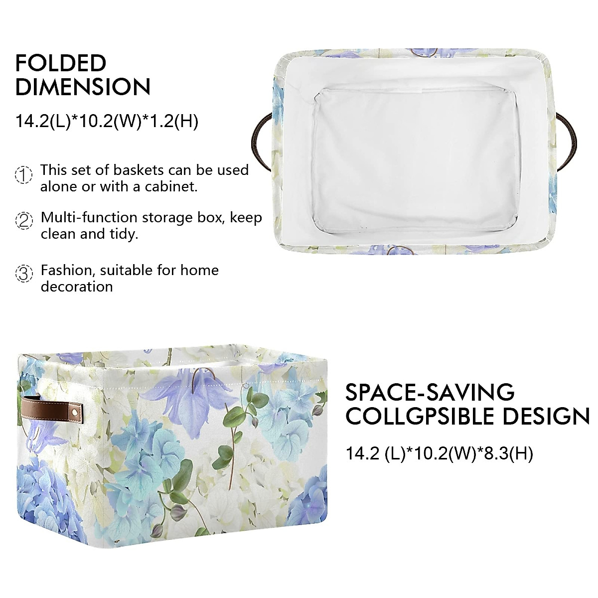 susiyo Blue White Hydrangea Flowers Storage Bins 2 Pcs, 14 x 10 inch Canvas Storage Basket for Shelves Closet Organizing