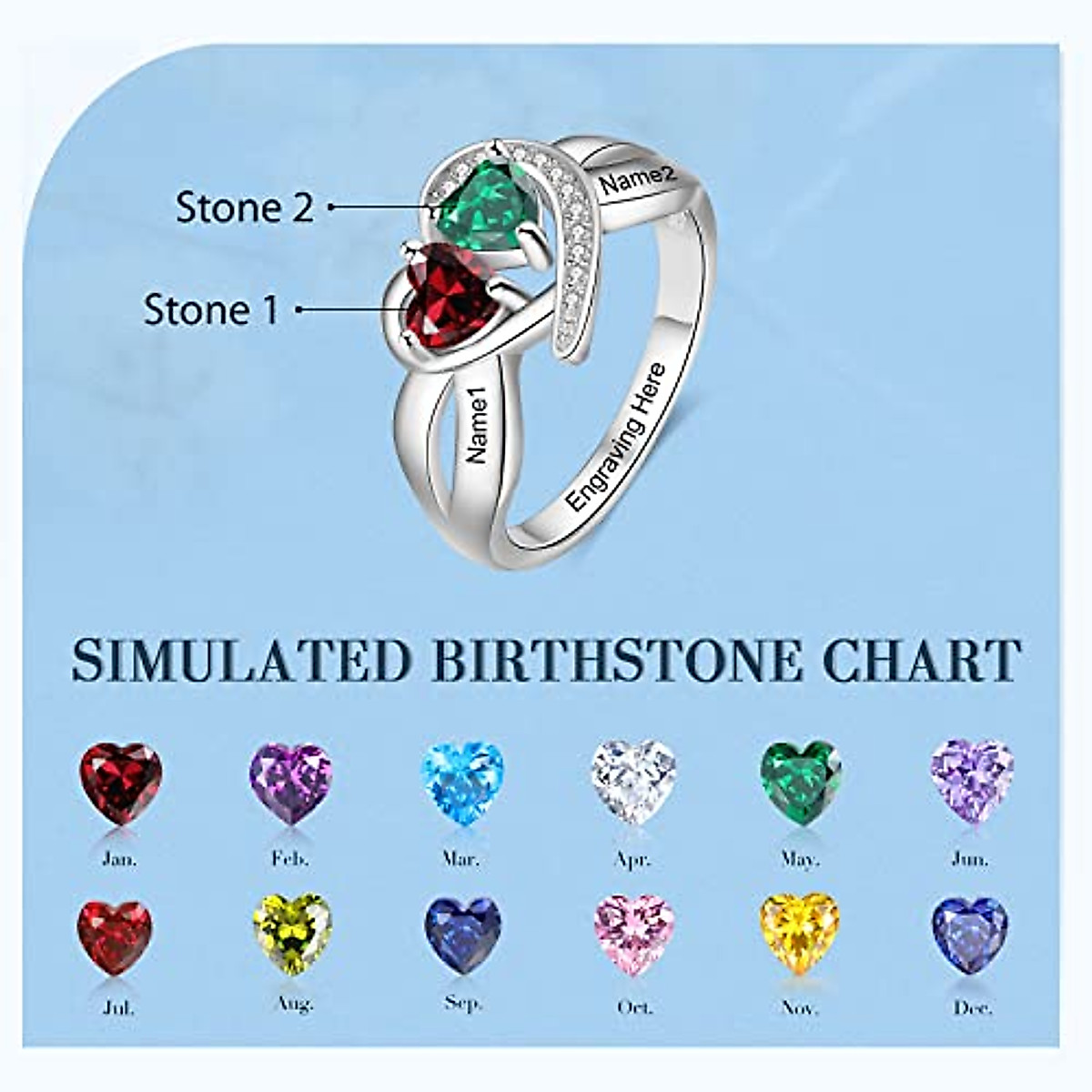 Personalized Promise Rings for Her Love Heart Women Engagement Custom Names Mothers Ring with 2 Simulated Birthstones Jewelry for Women (7)