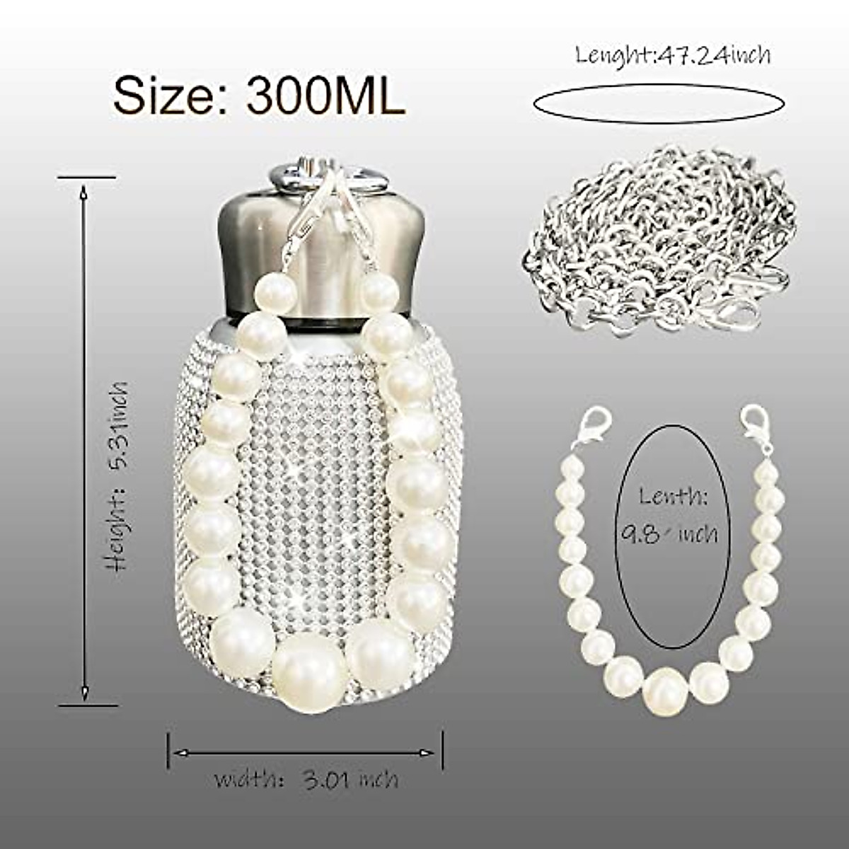 Bling Stainless Steel Diamond Water Bottle Crystal Rhinestone Cute Vaccume Insulated Thermal Flask with Chain and Pearl Bracelet (300ml/10.2oz)
