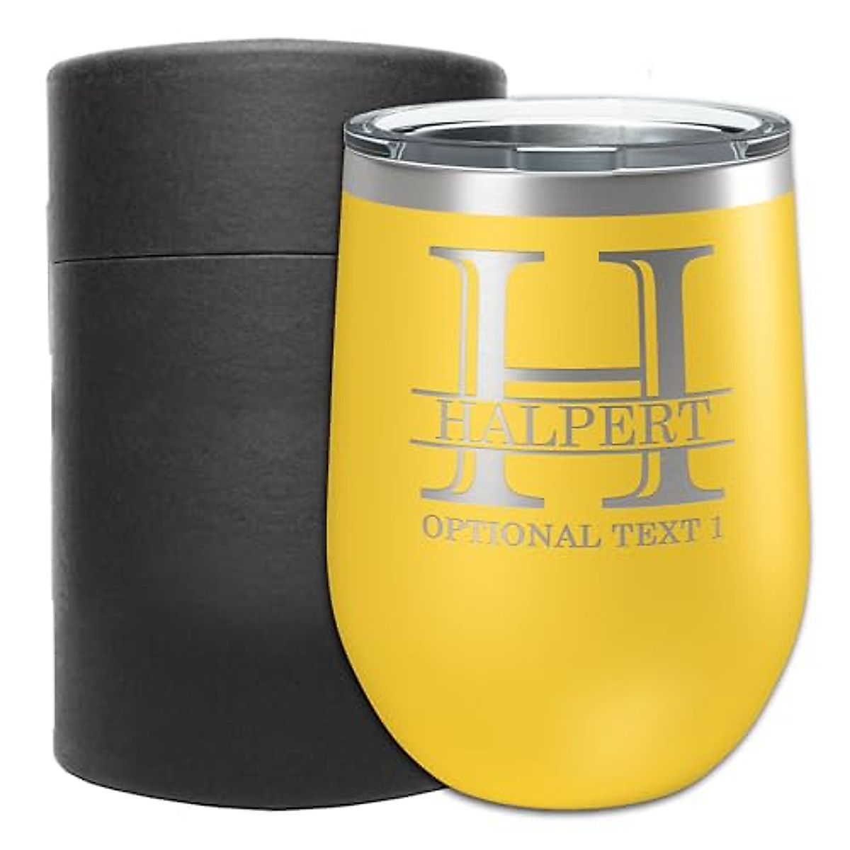 Personalized 12oz (17 Colors) Powder Coated Stainless Steel Stemless Wine Tumbler with Lid, Custom Etched, Customized Gift for Women Her, Wine Lover, Halpert Monogram Initial Name (Yellow)