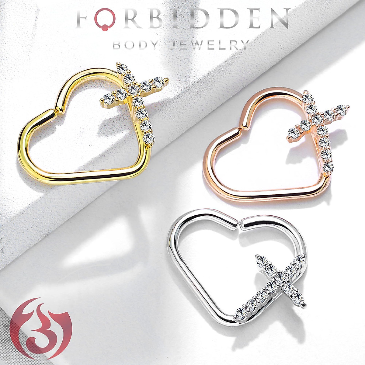 Forbidden Body Jewelry Platinum Plated Heart w/CZ Cross Daith & Cartilage Hoop Earring (Right Ear)