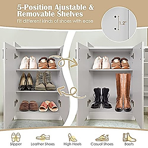 Giantex Shoe Cabinet, Freestanding Shoe Rack Storage Organizer with 5-Postition Adjustable Shelves, 2-Door Storage Cabinet with 5 Open Compartments for Entryway Hallway Living Room (White)