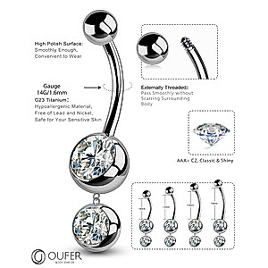 OUFER Dangle Belly Button Rings, G23 Solid Titanium Belly Ring, 14G Clear CZ Long Belly Piercing Jewelry, Lead & Nickel Free Navel Rings for Women Men-16MM