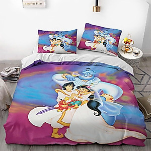 PONNYC Magic Lamp Jasmine Princess Duvet Cover Soft 3D Printed Bedding Set with Comforter Cover 3 Piece Set Includes 2 Pillowcases and 1 Duvet Cover Machine Washable (02,Full (79"x90"))