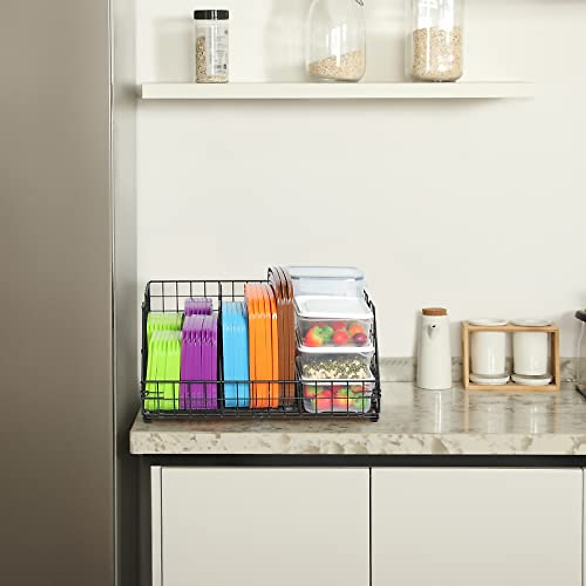 Multifunction Food Container Lid Organizer Basket,Adjustable 3 Dividers Container Organizer Lid Organizer,Lid Organizer for Plastic Lids Compatible with Lid and Containers for Cabinets,Pantry,Black