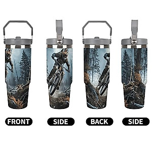 Mountain Bike Tournament 30oz Stainless Steel Insulated Tumbler with Straw & Foldable Handle - Leakproof, Double-Wall Vacuum Travel Thermos for Hot/Cold Drinks, Non-Slip Base, Fit Cup Holders