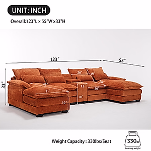 Neylory Modular Sectional Sofa 123" U-Shape Sofa Couch, Chenille 6-Seat Cloud Couch with Cupholder and USB Ports, Chaise Upholstered for Living Room, Apartment, Dark Gray