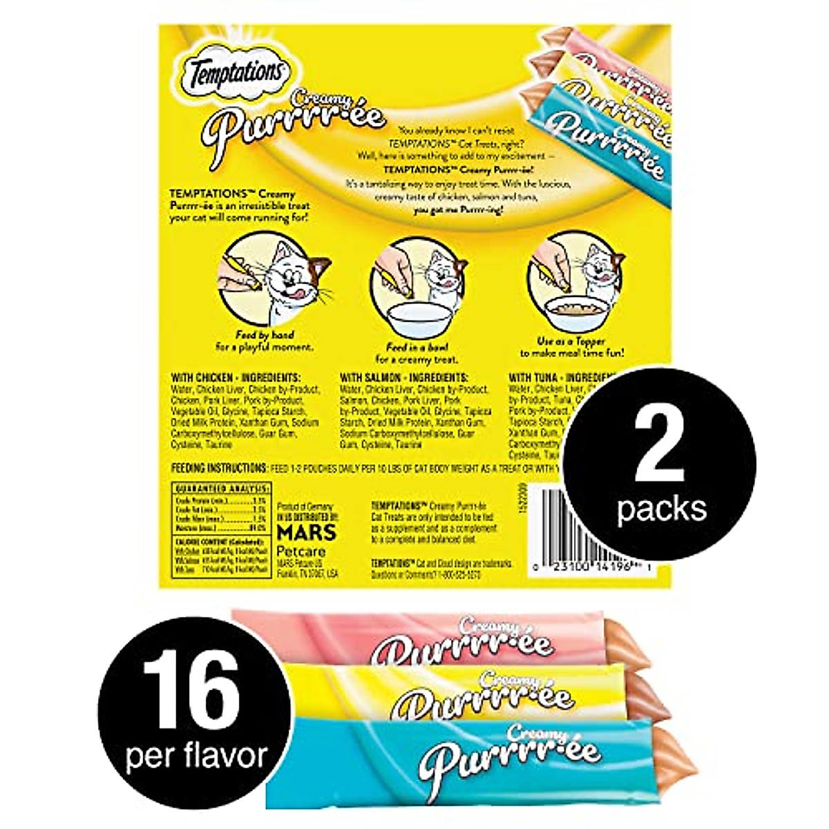 Temptations Creamy Puree with Chicken, Salmon, and Tuna, Variety Pack of Lickable Cat Treats, 0.42 Oz Pouches, 48 Count Variety Pack