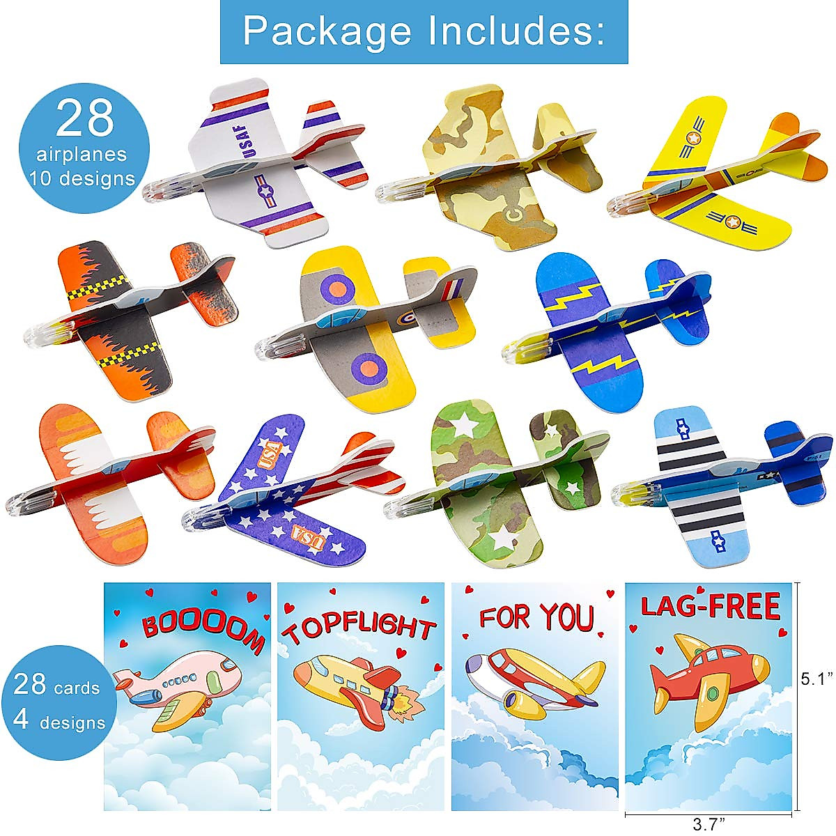 Valentine Gift Cards with Foam Airplanes for Kids Classroom Gift Exchange Valentines Party Favor Toys 28 Pack