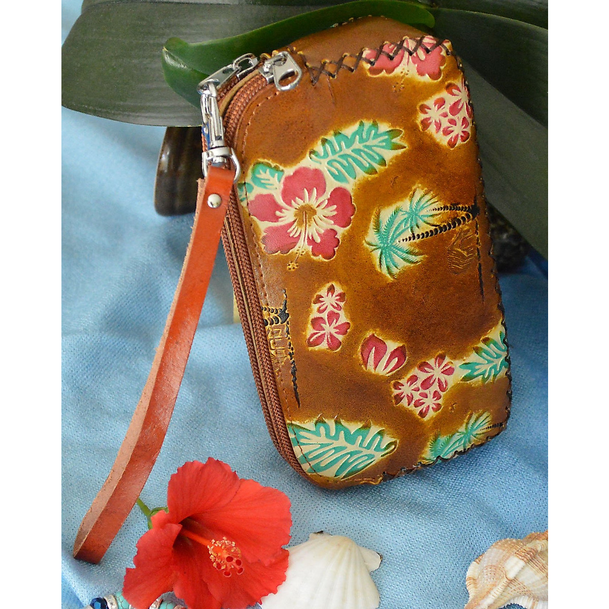 Leather Purse/wallet,two Zipper for Two Separate Rooms, Lovely Hawaii Scenery (Brown)