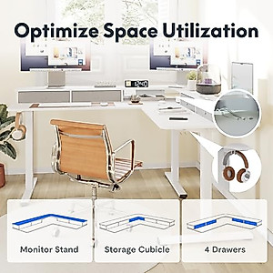 FLEXISPOT L Shaped Standing Desk with Shelf Electric Corner Table, Drawers, Adjustable Computer Workstation for Home, Office,USB Charging Port, 63x55in, White Top + White Frame