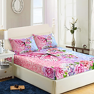 AILONEN Beautiful Butterfly Fitted Sheet Full Size, Sparkling Blue Pink Butterfly with Floral Bedding Set for Girls Women,Starry Theme Bed Sheet Set,3 Pieces,1 Fitted Sheet and 2 Pillowcases