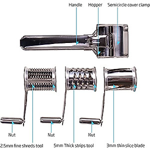 Rotary Cheese Grater - LOVKITCHEN Vegetable Stainless Steel Cheese Grater Shredder Cutter Grinder with 3 Drum Blades (Silver)