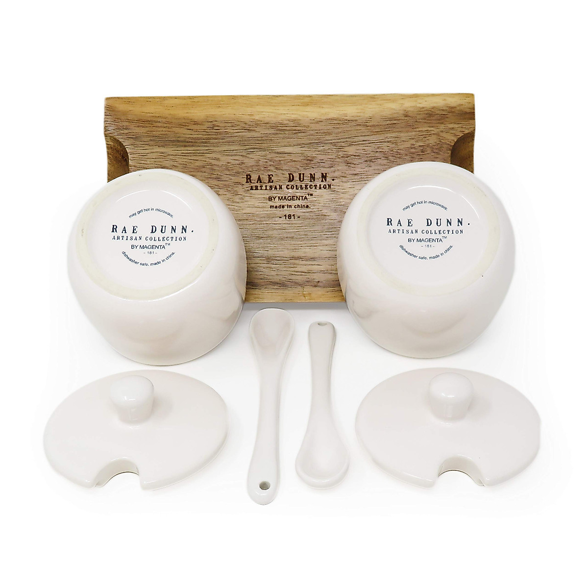 Rae Dunn By Magenta HOLD KEEP 5 Piece Ceramic LL Condiment Pots Container Jars Set With Lids Serving Spoons & Wood Tray 2020 Limited Edition