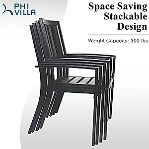 PHI VILLA 7 Piece Outdoor Patio Dining Set for 6, 60” Rectangular Metal Dining Table with Umbrella Hole & 6 Metal Stackable Chairs for Deck, Yard, Garden
