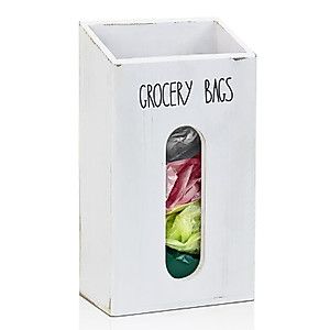 Farmhouse Wooden Grocery Plastic Bag Holder and Dispenser, Wall Mount Plastic Bag Holder with Extra-Wide & Easy-Access Openings, Garbage Bag Dispenser Anti-Fingerprint Rustic White Finish Bags Saver