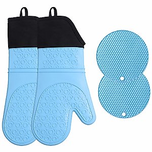 Silicone Oven Mitts and Pot Holders Sets, Extra Long Professional Heat Resistant Oven Gloves with Hot Pads, Quilted Liner, Non-Slip Textured Grip Safe for Kitchen Baking Cooking , 4-Piece Set (Blue)