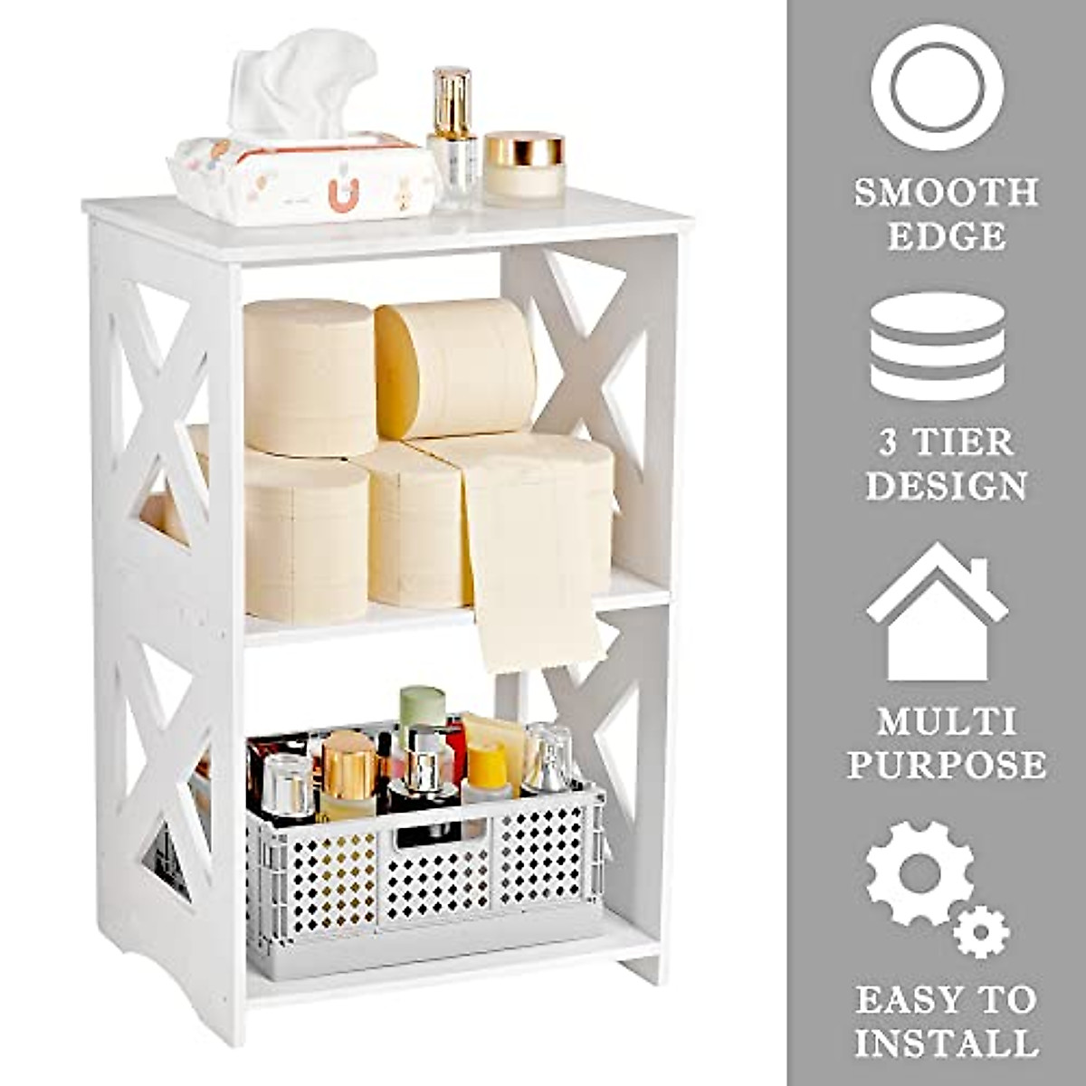 BYFU 3-Tier Side Table Set of 2, Narrow End Table with Storage Shelf, White Nightstand Bedside Table Small Bookshelf Bookcase Display Rack for Bedroom Bathroom Living Room Office