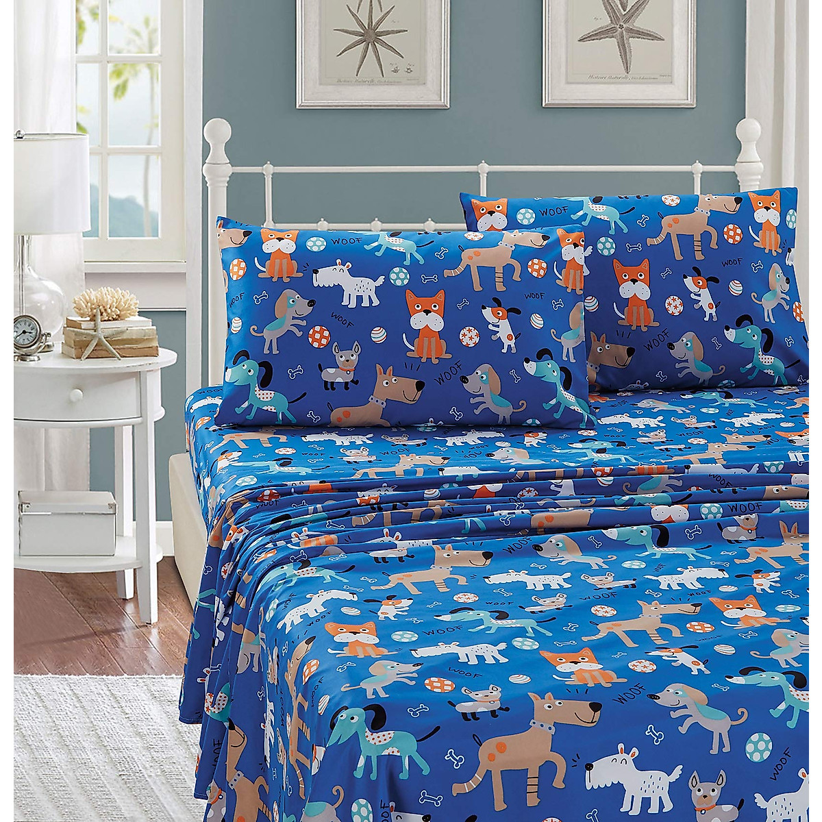 Better Home Style Playing Puppy Blue Kids/Boys/Toddler 4 Piece Sheet Set with Woof Woof Wagging Dogs Pups and Puppies Includes Pillowcases Flat and Fitted Sheets # Blue Dog (Full)
