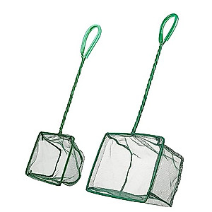 Pawfly 4 & 6 Inch Aquarium Fish Net Set with Braided Metal Handle Square Green Net with Soft Fine Mesh Sludge Food Residue Wastes Skimming Cleaning Net for Fish Tanks Small Koi Ponds and Pools