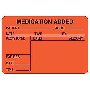 United Ad Label Medication Added Labels Medication Added, 3" x 2", Permanent Paper Label, Fluorescent Red, One Roll of 320 Labels