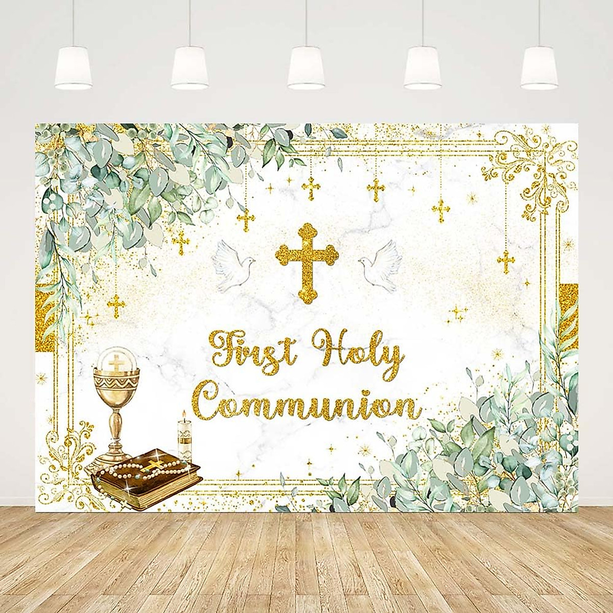 AIBIIN 7x5ft Greenery Baptism Backdrop First Holy Communion Christening Party Decorations Gold Eucalyptus God Bless Mi Bautizo Party Banner Photo Studio Props