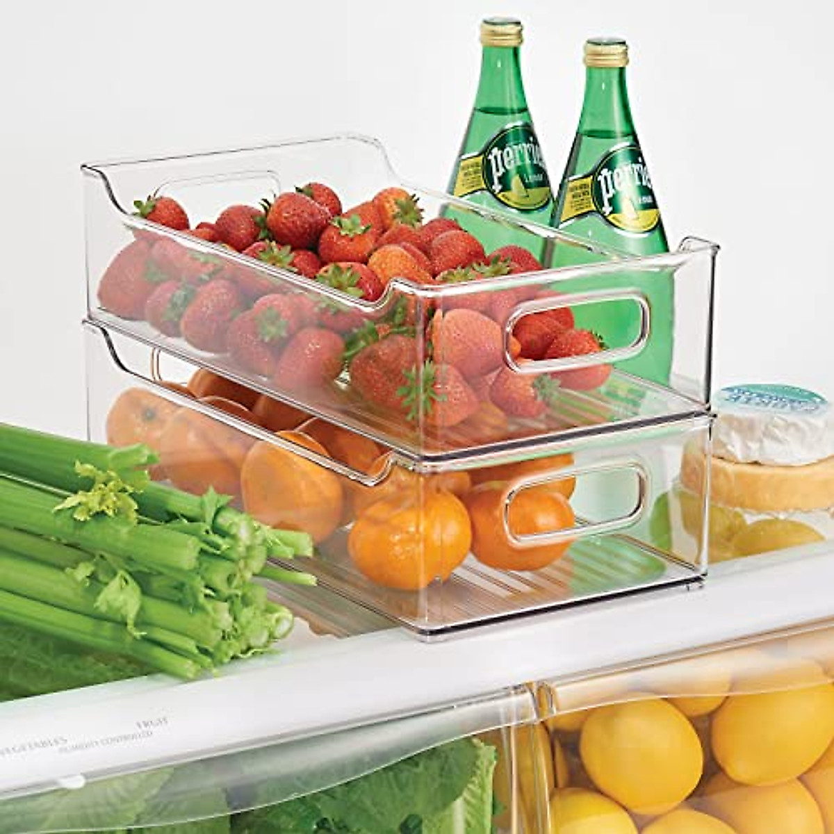 mDesign Wide Plastic Kitchen Storage Container Bins with Handles -Organization in Pantry, Cabinet, Refrigerator or Freezer Shelves - Food Organizer for Fruit, Yogurt, Squeeze Pouches - 4 Pack - Clear