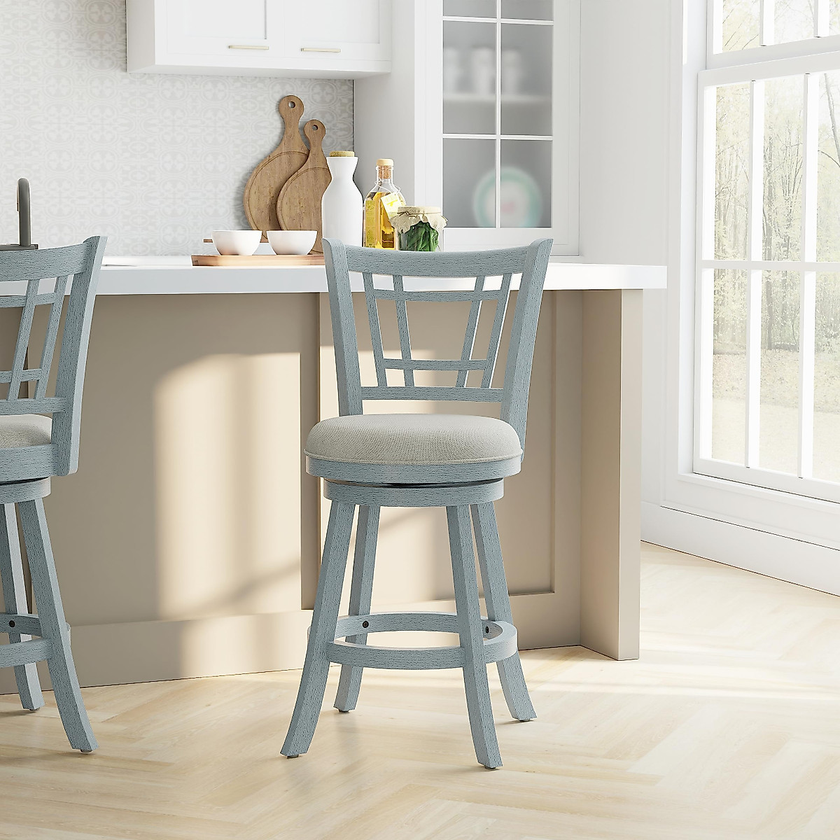 Hillsdale, Fairfox Wood Counter Height Swivel Stool with Rectangular Lattice Back, Blue Wire Brush