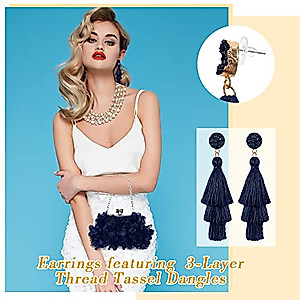 Clutch Evening Bags Satin Floral Appliques Clutch Purses Bohemian Tiered Earring for Women Prom Layered Tassel Earrings (Navy Blue)
