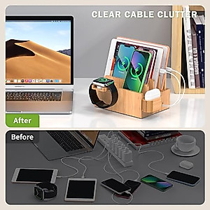 Pezin & Hulin Bamboo Charging Station Organizer for Multiple Devices, Desktop Docking Stations Holder for Cell Phone, Tablet, SmartWatch & Earbuds Stand (Included 5 Cables) (No USB Charger)